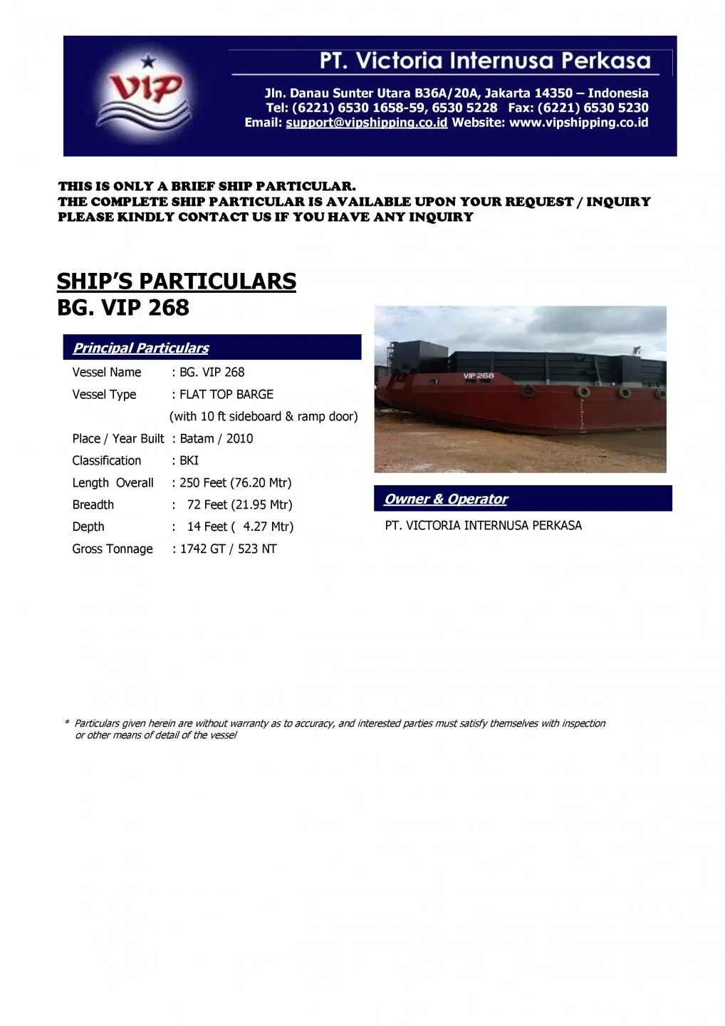 BG. VIP 268 (250 FT) | TUG & BARGE | PT Victoria Internusa Perkasa