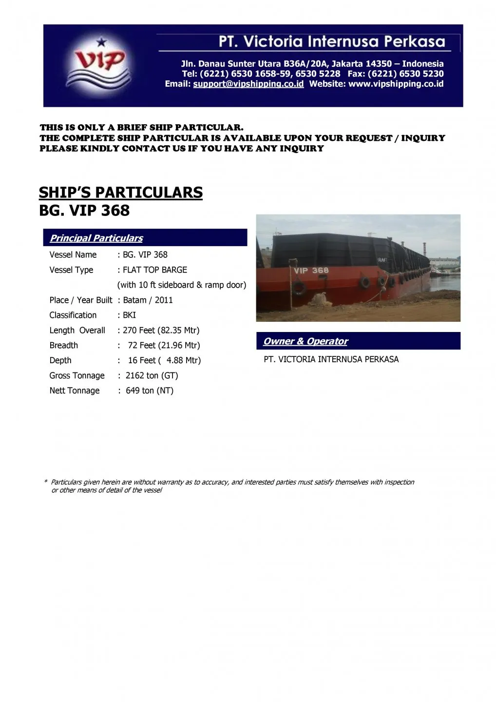 BG. VIP 368 (270 ft) | TUG & BARGE | PT Victoria Internusa Perkasa