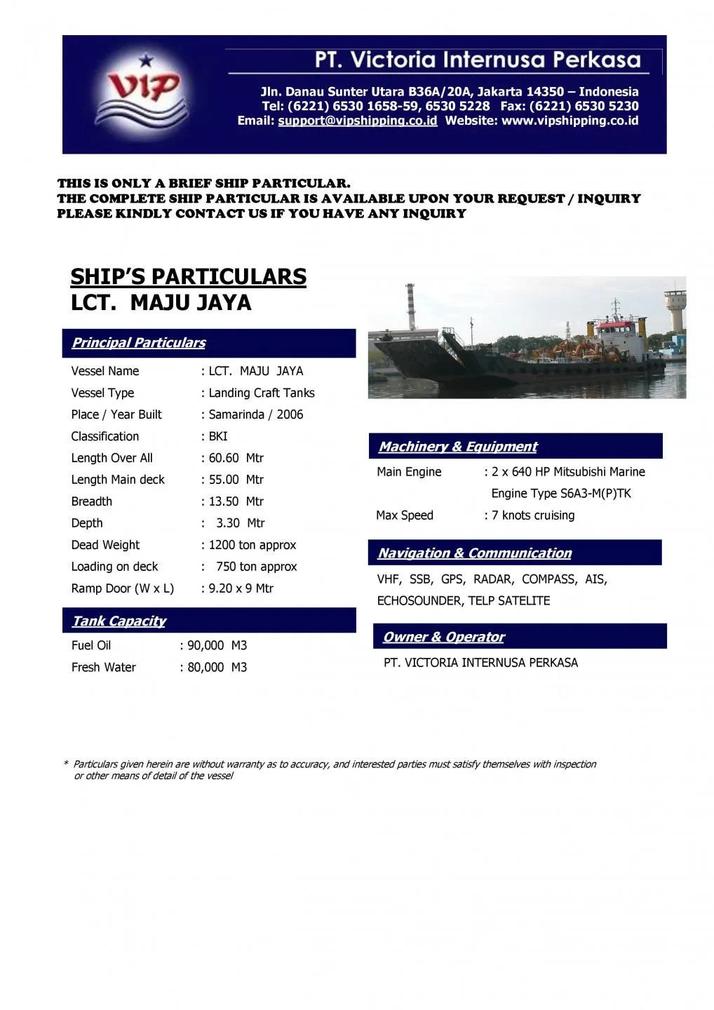 LCT MAJU JAYA ( 1200 DWT ) | LCT | PT Victoria Internusa Perkasa